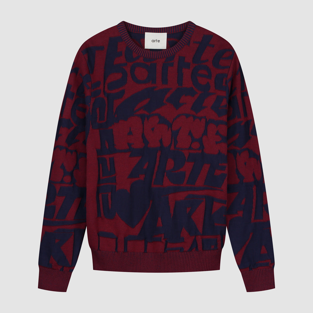 pull Arte KOBE ALLOVER TAG KNIT - BORDEAUX/NAVY— HENIN